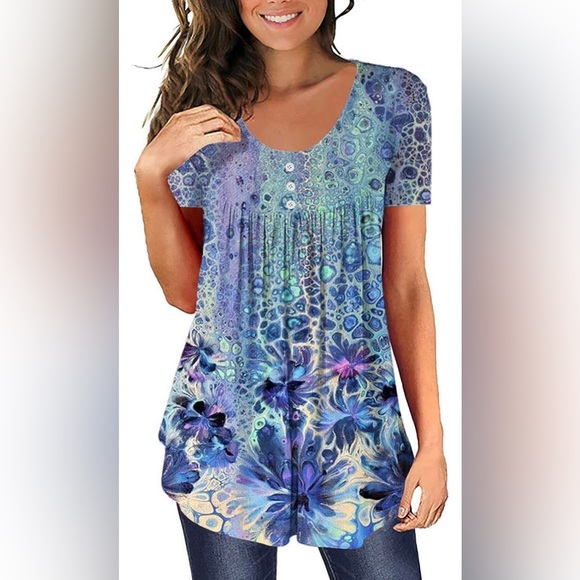 Tops | Hide Belly Tunic 223 Summer Short Sleeve Cute Flowy Henley ...
